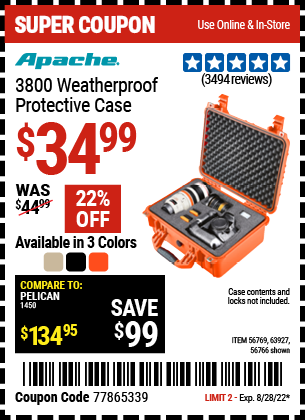 APACHE 3800 Weatherproof Protective Case – Large – Orange for $34.99 – Harbor Freight Coupons