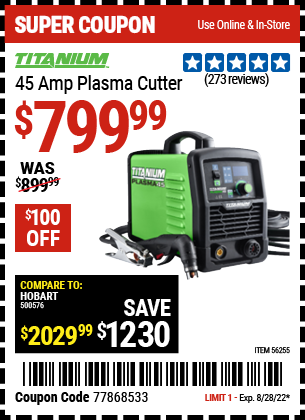 TITANIUM 45A Plasma Cutter for $799.99 – Harbor Freight Coupons