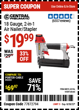 CENTRAL PNEUMATIC 18 Gauge 2-in-1 Air Nailer/Stapler for $19.99 ...