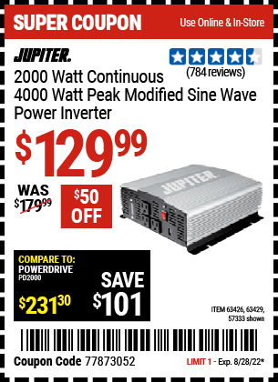 JUPITER 2000 Watt Continuous/4000 Watt Peak Modified Sine Wave Power Inverter for $129.99 ...