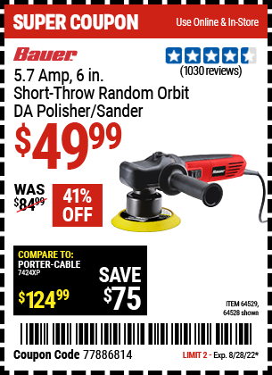 BAUER 8mm Random Orbit 6 In. DA Polisher/Sander for $49.99 – Harbor ...