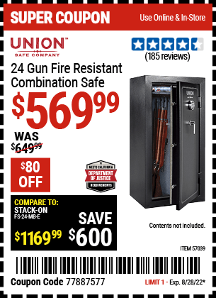 UNION SAFE COMPANY 24 Gun Fire Resistant Combination Safe for $569.99 ...