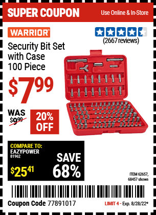WARRIOR Security Bit Set with Case 100 Pc. for $7.99 – Harbor Freight ...