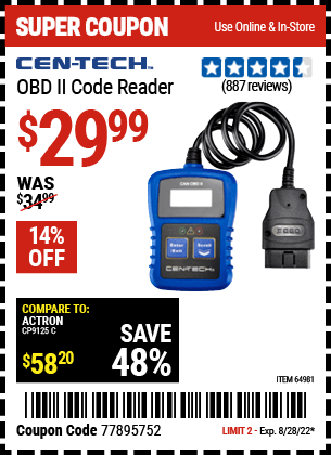 CEN-TECH OBD II Code Reader for $29.99 – Harbor Freight Coupons