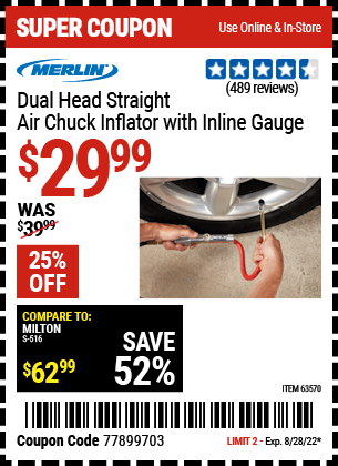 MERLIN Dual Head Straight Air Chuck Inflator with Inline Gauge for $29. ...
