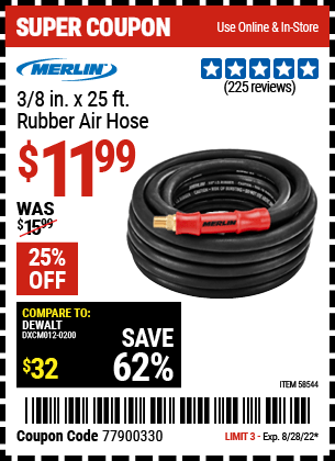 MERLIN 3/8 in. x 25 ft. Rubber Air Hose for $11.99 – Harbor Freight Coupons