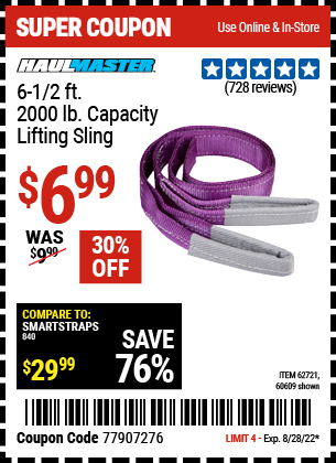 HAUL-MASTER 6-1/2 ft. 2000 lbs. Capacity Lifting Sling for $6.99 ...
