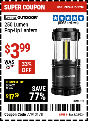 LUMINAR OUTDOOR 250 Lumen Compact Pop-Up Lantern for $3.99 – Harbor ...