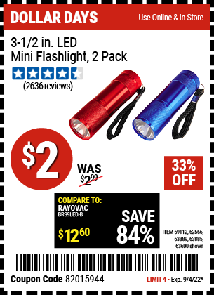 2 Piece 3-1/2 in. LED Mini Flashlight for $2 – Harbor Freight Coupons