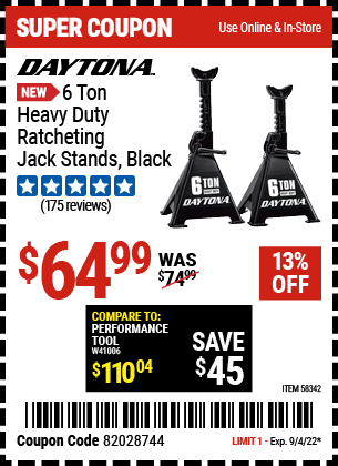 DAYTONA 6 ton Heavy Duty Ratcheting Jack Stands ? Black for $64.99 – Harbor Freight Coupons