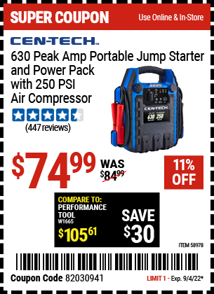 CEN-TECH 630 Peak Amp Portable Jump Starter and Power Pack with 250 PSI ...