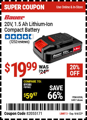 BAUER 20V HyperMax Lithium-Ion 1.5 Ah Compact Battery for $19.99 ...