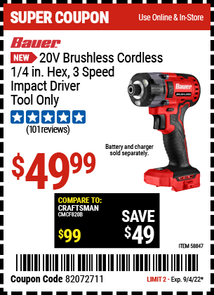 BAUER 20V Brushless Cordless 1/4 In. Hex 3 Speed Impact Driver ? Tool ...