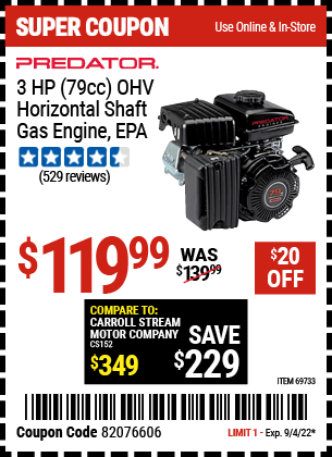 PREDATOR 3 HP (79cc) OHV Horizontal Shaft Gas Engine EPA for $119.99 ...