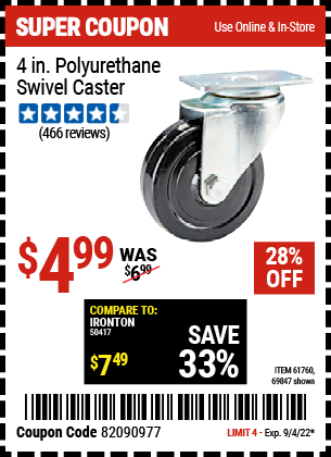 4 in. Polyurethane Heavy Duty Swivel Caster for $4.99 – Harbor Freight ...