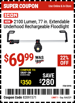 ICON 2100 Lumen 77 in. Extendable Underhood Rechargeable Floodlight for ...
