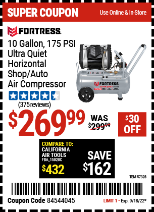 FORTRESS 10 Gallon 175 PSI Ultra Quiet Horizontal Shop/Auto Air ...