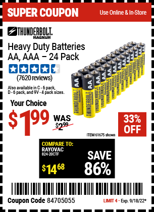THUNDERBOLT Heavy Duty Batteries for $1.99 – Harbor Freight Coupons