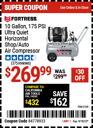 FORTRESS 10 Gallon 175 PSI Ultra Quiet Horizontal Shop/Auto Air ...