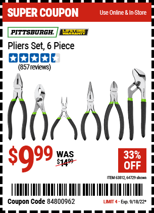 PITTSBURGH Pliers Set 6 Pc. for $9.99 – Harbor Freight Coupons