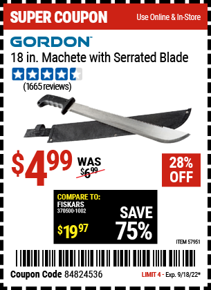 GORDON 18 in. Machete with Serrated Blade for $4.99 – Harbor Freight ...