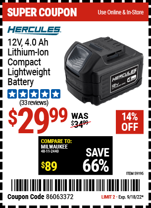HERCULES 12V Lithium-Ion 4.0 Ah Compact Lightweight Battery for $29.99 ...