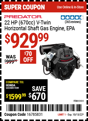 PREDATOR 22 HP (670cc) V-Twin Horizontal Shaft Gas Engine for $929.99 ...