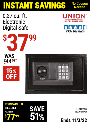 UNION SAFE COMPANY 0.37 Cubic Ft. Electronic Digital Safe for $37.99 ...