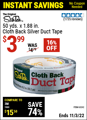 STIKTEK 50 Yds. x 1.88 in. Cloth Back Silver Duct Tape for $3.99 ...