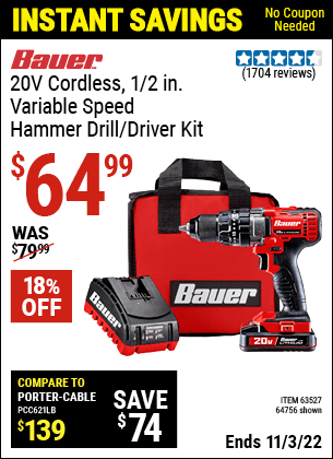 BAUER 20V Hypermax Lithium 1/2 in. Hammer Drill Kit for $64.99 – Harbor ...