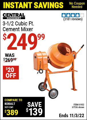 CENTRAL MACHINERY 3-1/2 Cubic Ft. Cement Mixer for $249.99 – Harbor ...