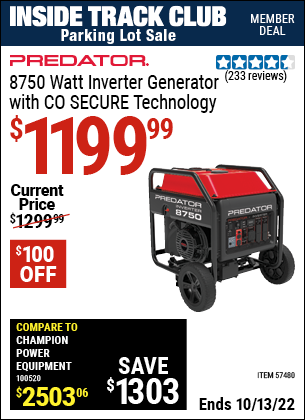 PREDATOR 8750 Watt Inverter Generator With CO SECURE for $1199.99 ...