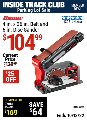 BAUER 4 In. X 36 In. Belt And 6 In. Disc Sander for $104.99 – Harbor ...