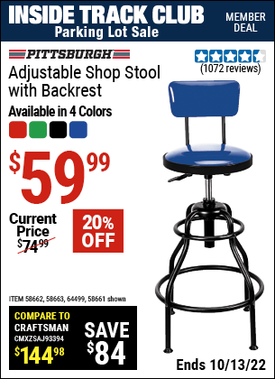 PITTSBURGH AUTOMOTIVE Adjustable Shop Stool with Backrest for $59.99 ...