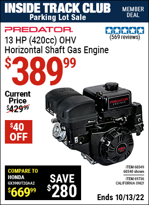 PREDATOR 13 HP (420cc) OHV Horizontal Shaft Gas Engine for $389.99 ...