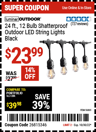 LUMINAR OUTDOOR 24 Ft. 12 Bulb Outdoor LED String Lights ? Black for ...