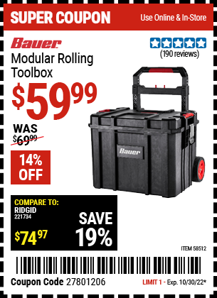 BAUER Modular Rolling Tool Box for $59.99 – Harbor Freight Coupons