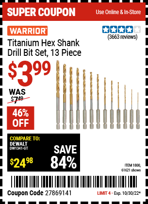 WARRIOR Titanium High Speed Steel Drill Bit Set 13 Pc. for $3.99 ...