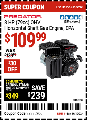 PREDATOR 3 HP (79cc) OHV Horizontal Shaft Gas Engine EPA for $109.99 ...