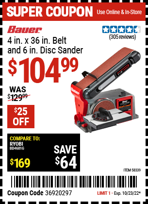 BAUER 4 In. X 36 In. Belt And 6 In. Disc Sander for $104.99 – Harbor ...