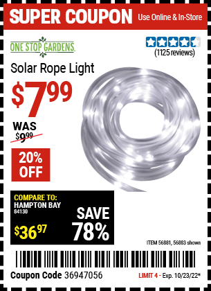 ONE STOP GARDENS Solar Rope Light for $7.99 – Harbor Freight Coupons