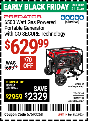 PREDATOR 6500 Watt Gas Powered Portable Generator with CO SECURE ...