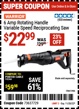 WARRIOR 6 Amp Rotating Handle Variable Speed Reciprocating Saw for $22. ...