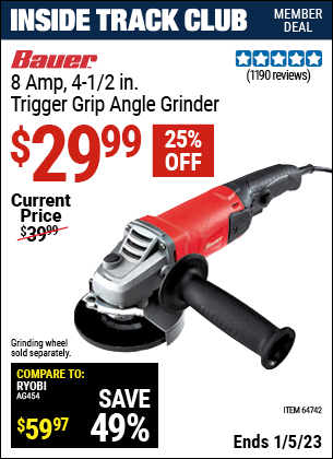 BAUER 8 Amp 4-1/2 in. Trigger Grip Angle Grinder – Item 64742 – Harbor Freight Coupons