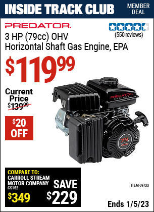 PREDATOR 3 HP (79cc) OHV Horizontal Shaft Gas Engine EPA for $119.99 ...