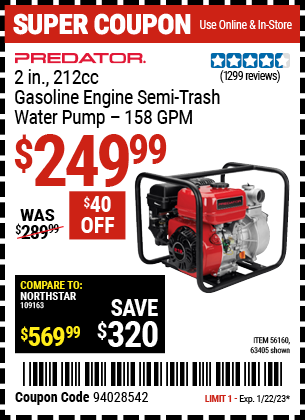 PREDATOR 2 in. 212cc Gasoline Engine Semi-Trash Water Pump for $249.99 ...