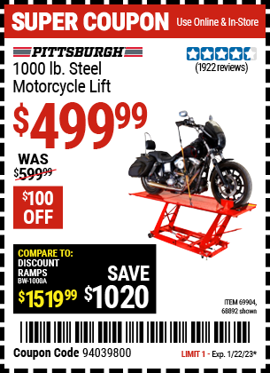 PITTSBURGH 1000 lb. Steel Motorcycle Lift for $499.99 – Harbor Freight ...