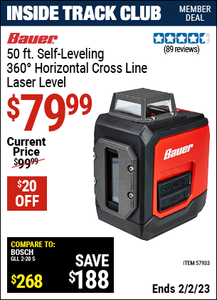 BAUER 50 ft. Self-Leveling 360° Horizontal Cross Line Laser Level ...