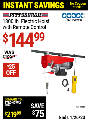 PITTSBURGH AUTOMOTIVE 1300 lb. Electric Hoist with Remote Control for ...