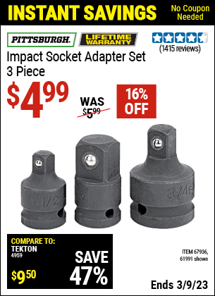 PITTSBURGH Impact Socket Adapter Set 3 Pc. for $4.99 – Harbor Freight Coupons